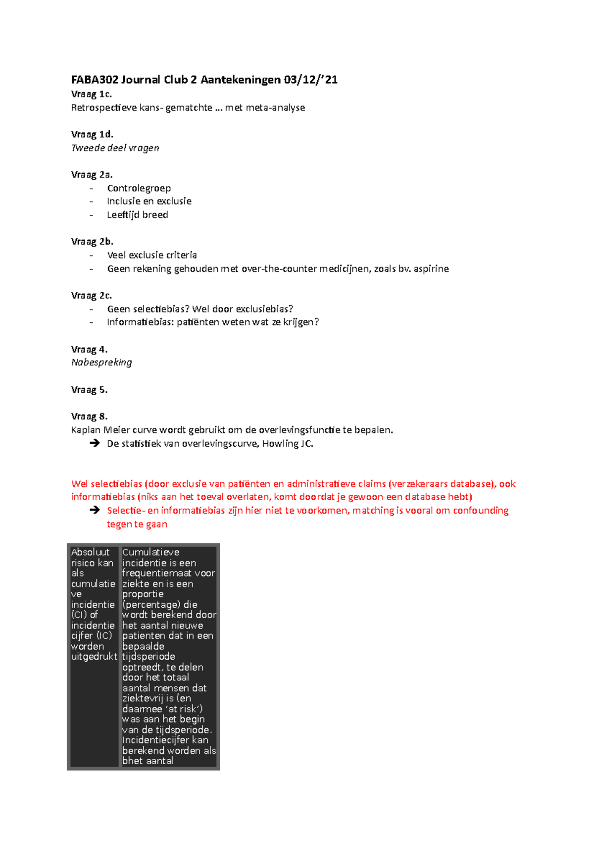 FABA302 Journal Club 2 Notities en Analyse van Bias in Studies ...