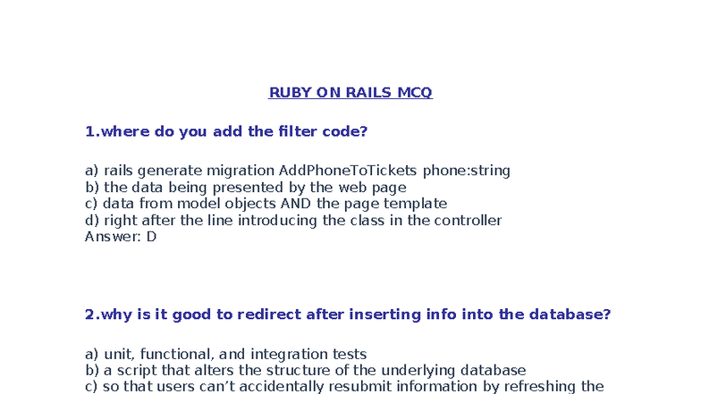 RUBY ON RAILS MCQ SET 2 - FINAL EXAM - Studocu