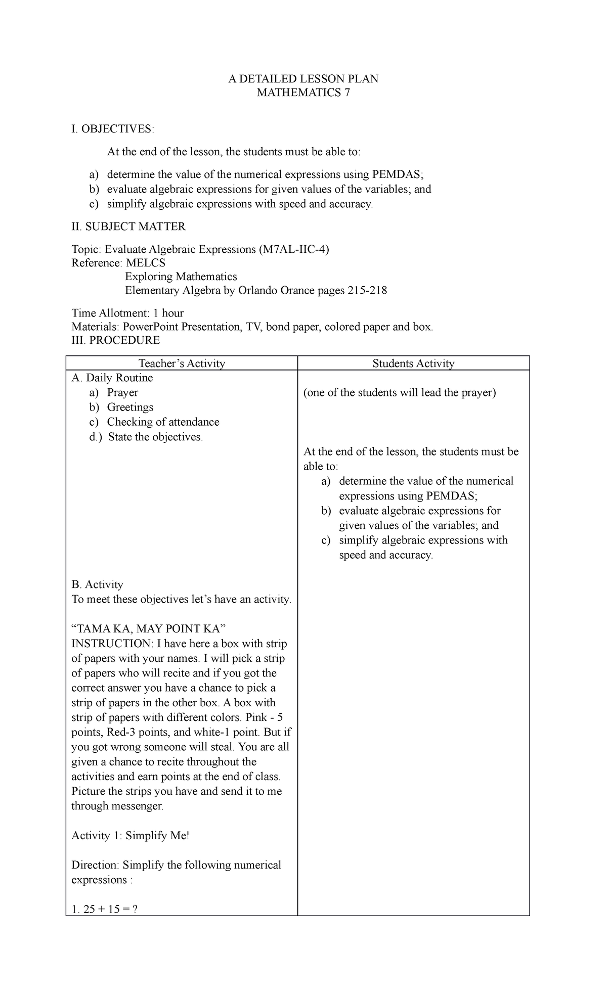Detailed Lesson Plan on Evaluating Algebraic Expressions for Math 7 ...