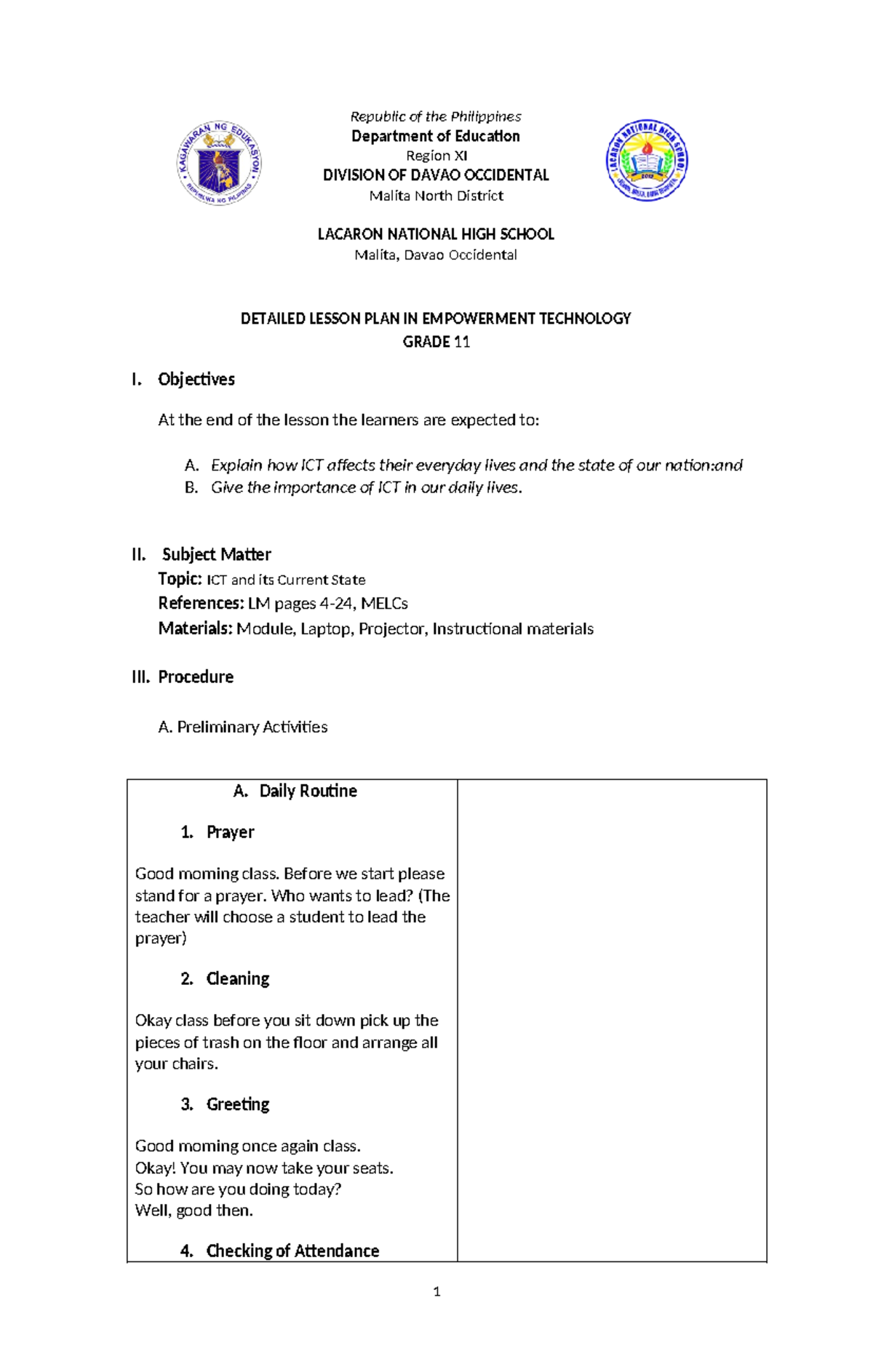Detailed Lesson Plan for ICT (Empowerment Tech, Grade 11) - Studocu