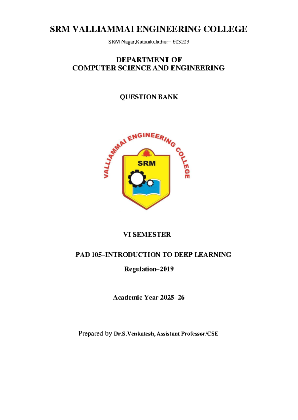 PAD 105 Question Bank: Introduction to Deep Learning (VI Sem) - Studocu