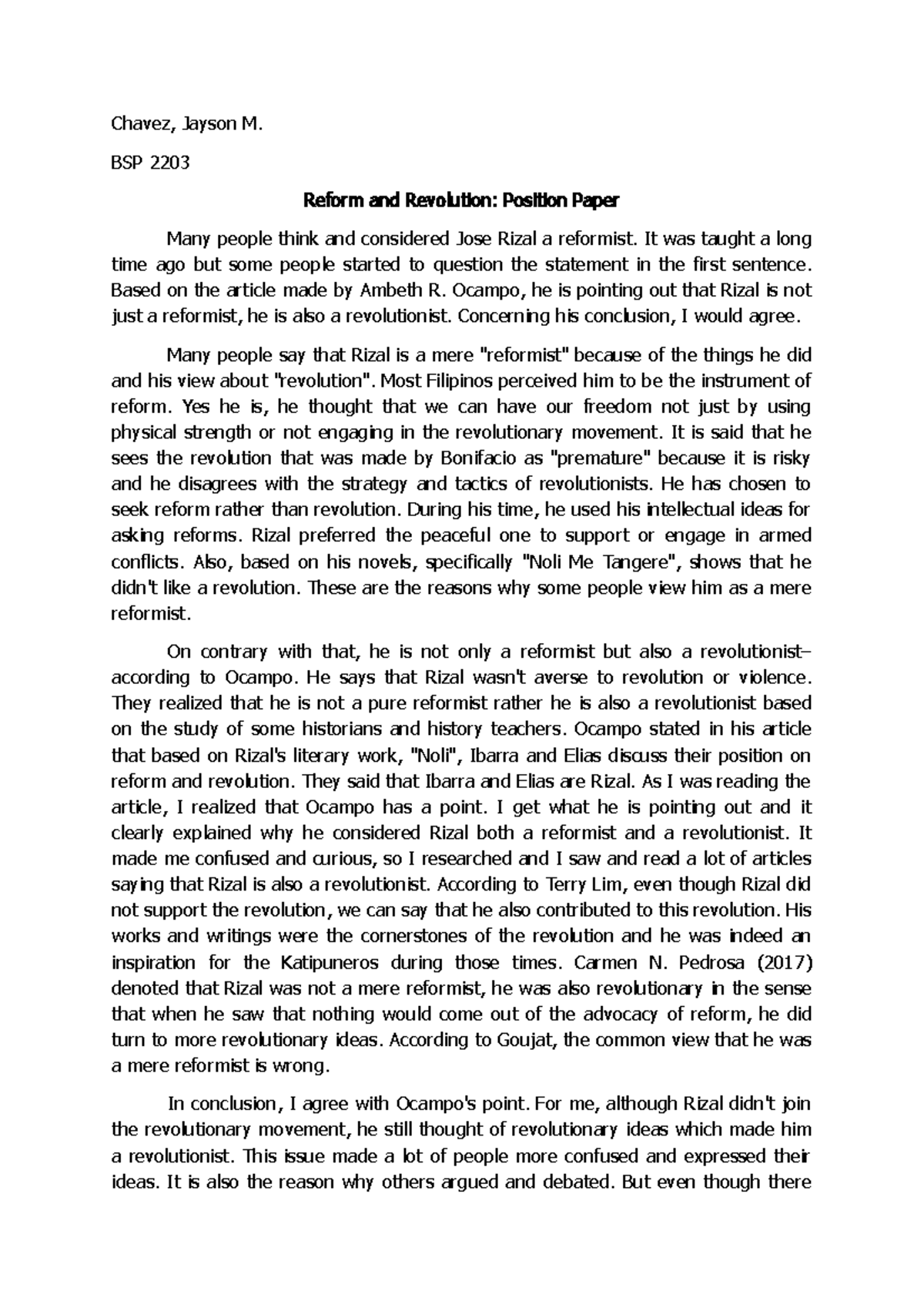 BSP 2203 Position Paper: Jose Rizal as Reformist and Revolutionist ...