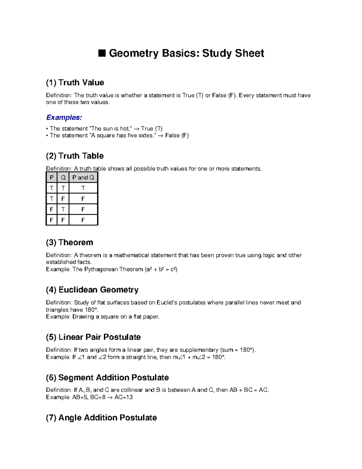 Geometry Basics: Summary Study Sheet for Concepts - Studocu