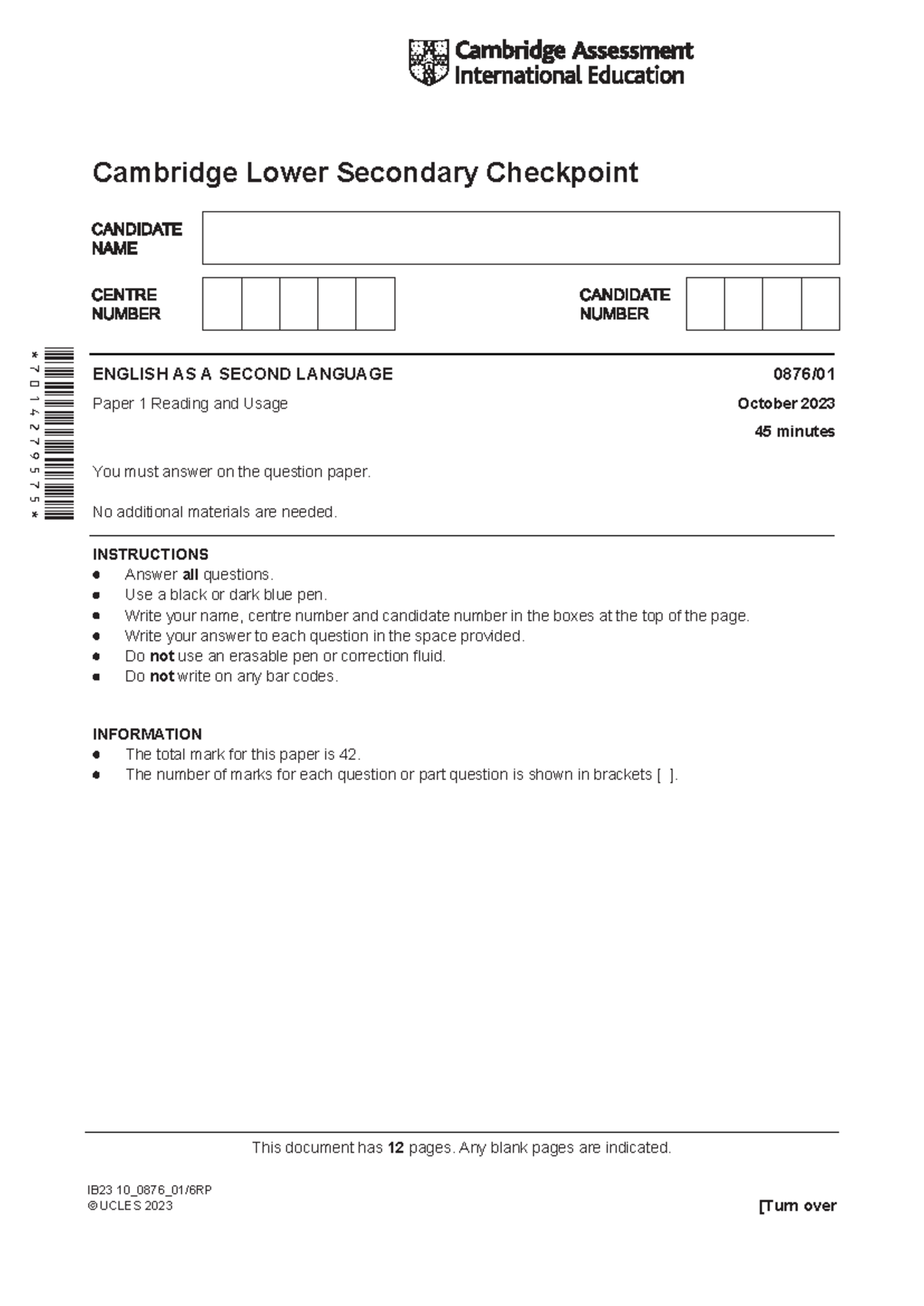 Cambridge Lower Secondary Checkpoint: ESL Paper 1 Reading Practice ...