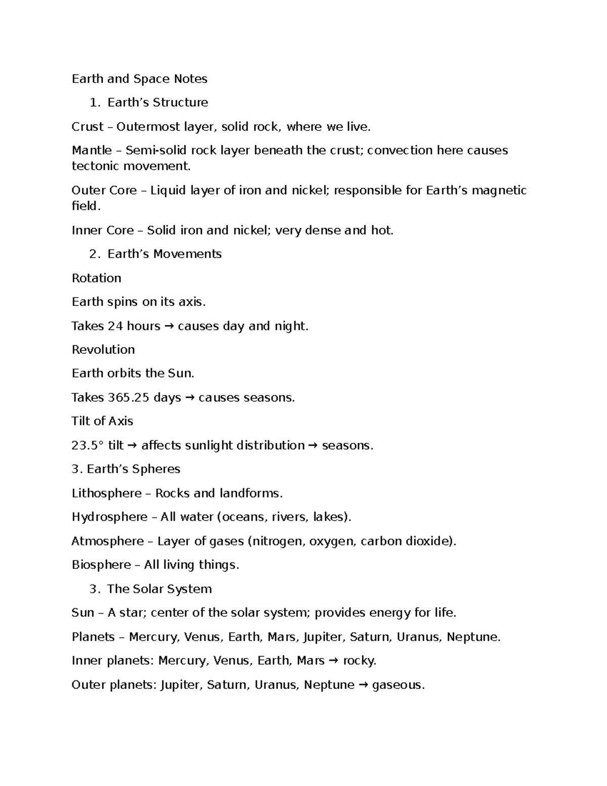 Earth and Space Notes: Structure, Movements, and Spheres - Studocu