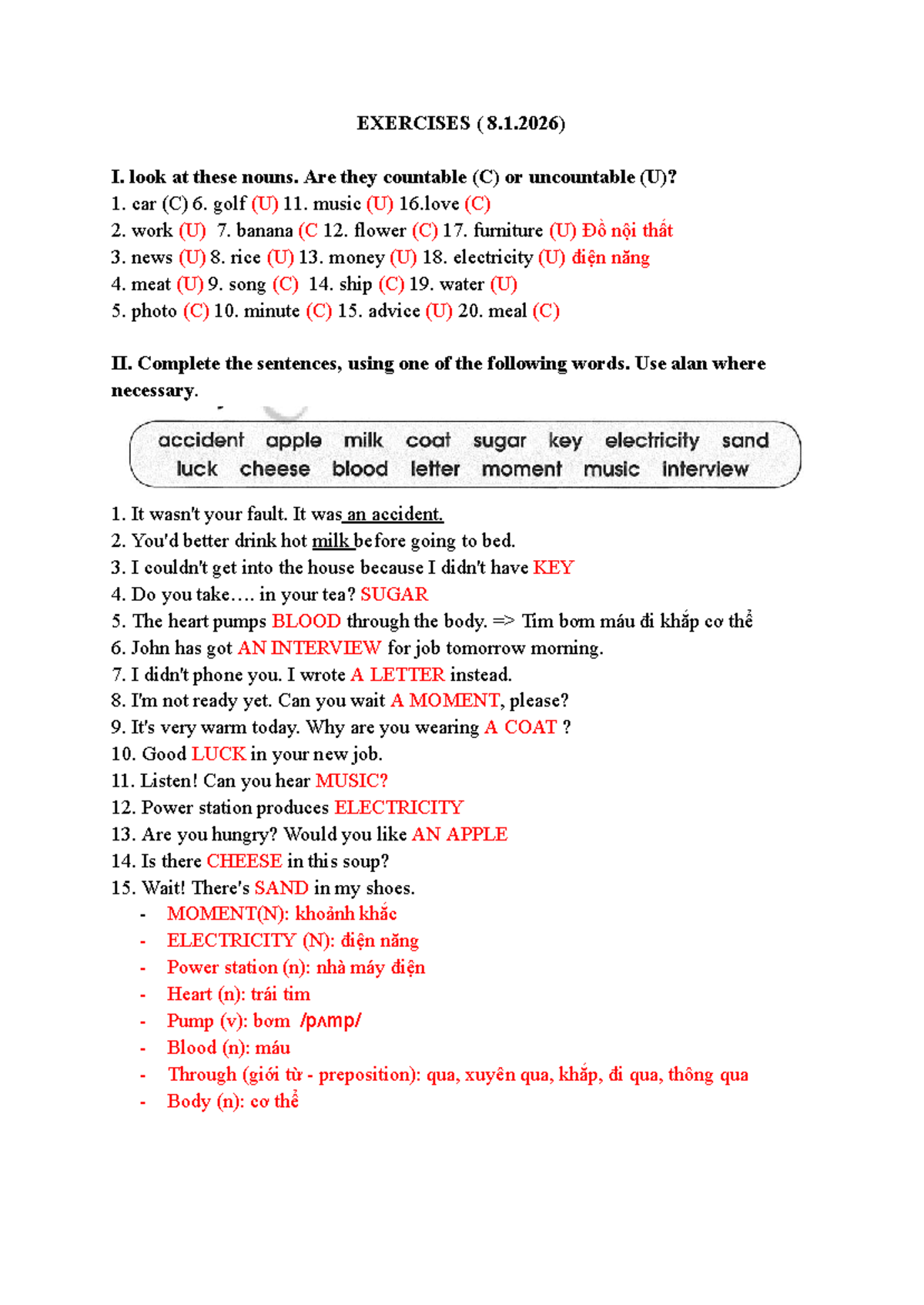 Exercises on Countable and Uncountable Nouns (8.1.2026) - Studocu
