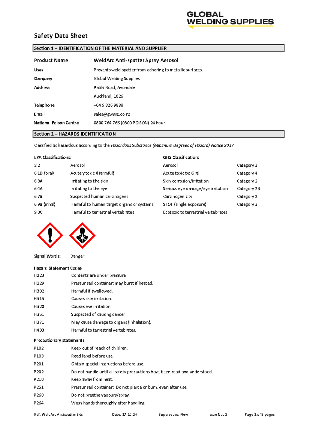 WeldArc Antispatter Aerosol Safety Data Sheet (SDS) - Rev. 17.10.24 ...
