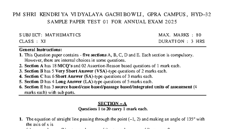 Maths Class XI Sample Paper Test 01 for Annual Exam 2025 - Studocu