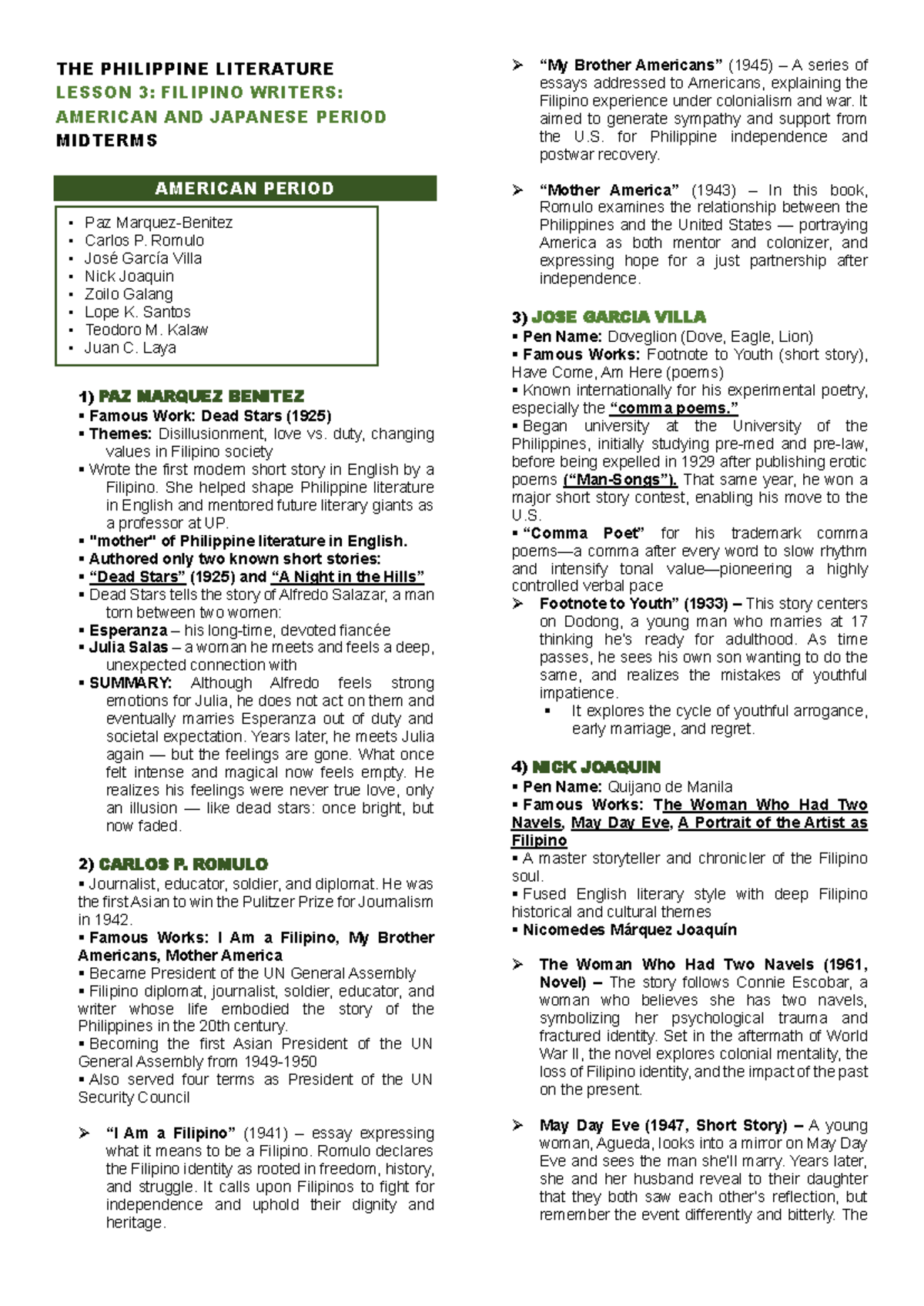 PHIL LIT Lesson 3: Notable Filipino Writers from American & Japanese ...