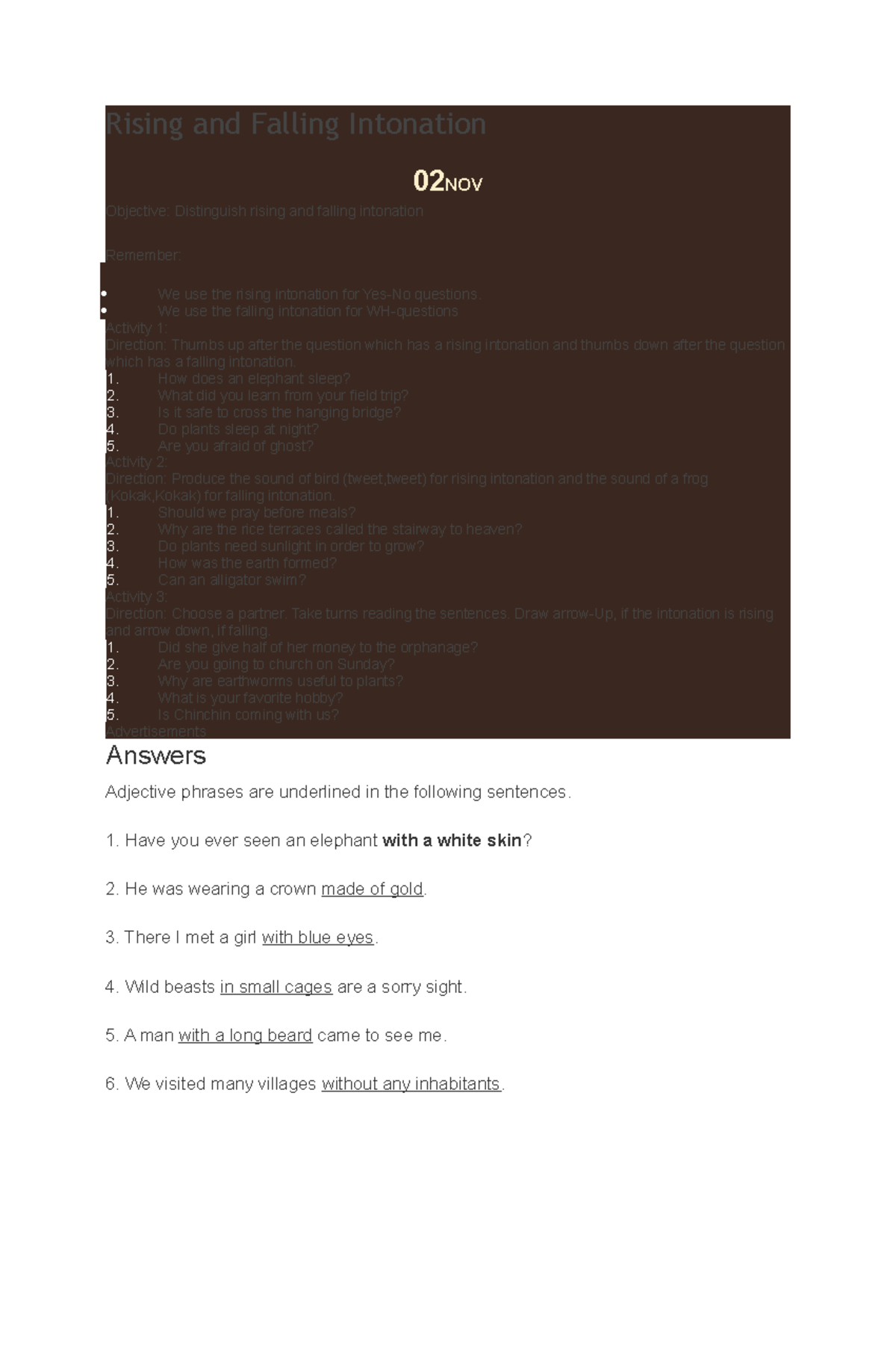 Rising and Falling - activities in english subjects - Rising and ...