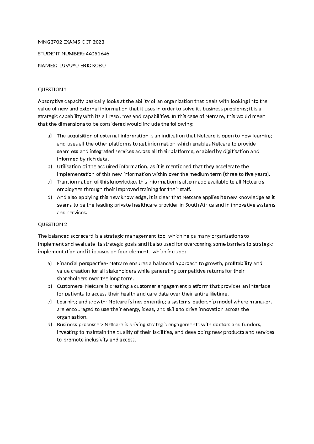 MNG3702 EXAM - My exam answers for MNG3701 - MNG3702 EXAMS OCT 2023 STUDENT NUMBER: 44051646 ...