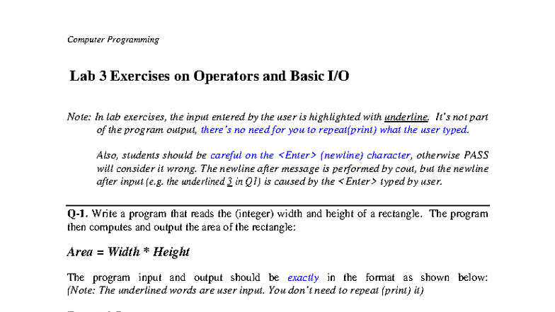 Lab 3 - Exercises on Operators and Basic Programming Concepts - Studocu