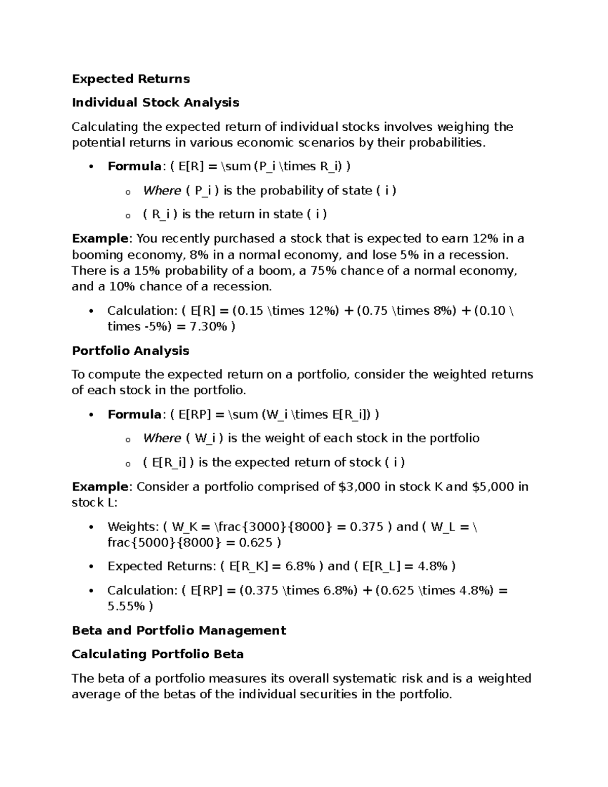 Expected Returns and Portfolio Management Analysis in Finance ...