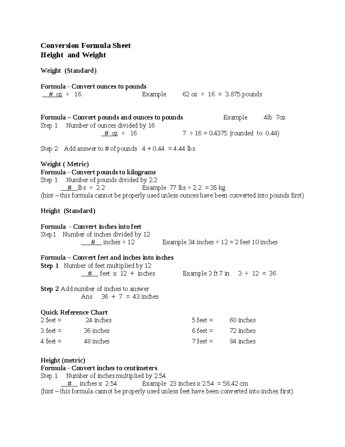 ALH 105 Height and Weight Conversion Formula Sheet - Studocu