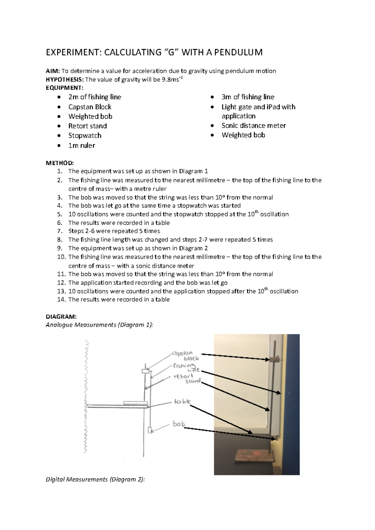 Pendulum Experiment - EXPERIMENT: CALCULATING “G” WITH A PENDULUM AIM ...