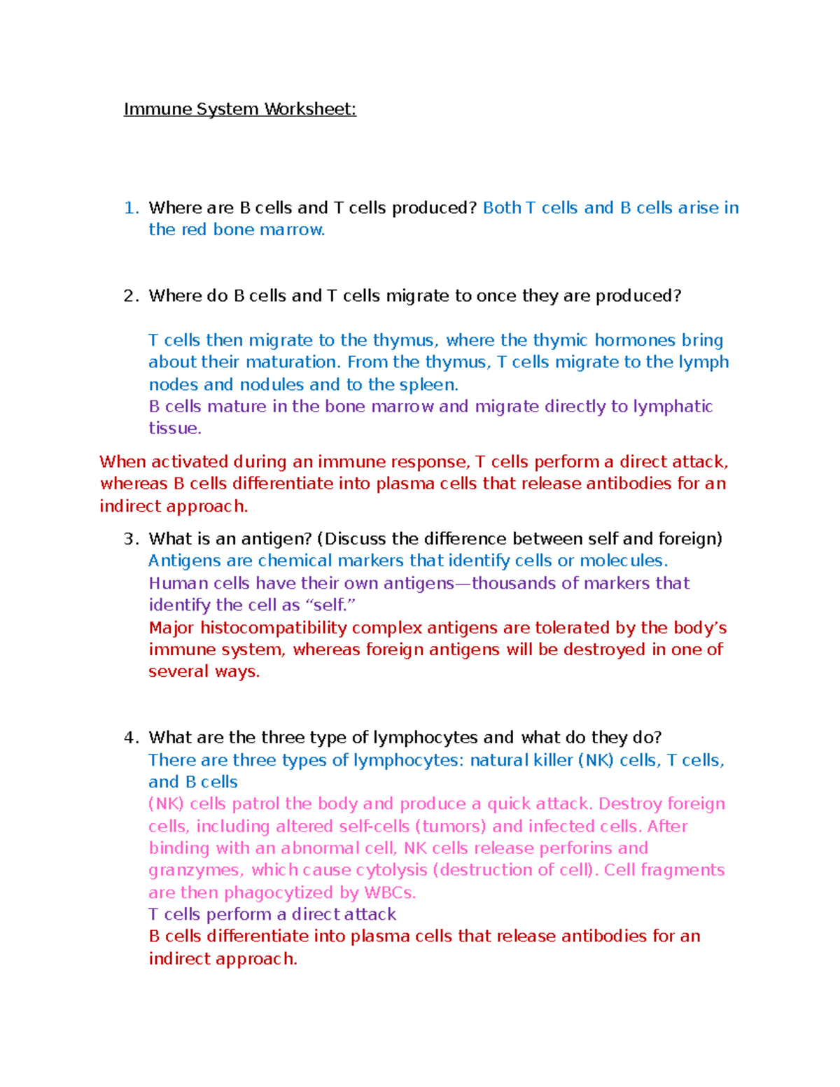 Immune System Worksheet - Immune System Worksheet: Where are B cells ...