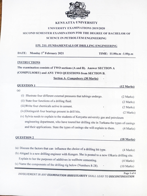 introduction to petroleum engineering - KENYATTA UNIVERSITY EXAMINATION FOR THE DEGREE OF ...