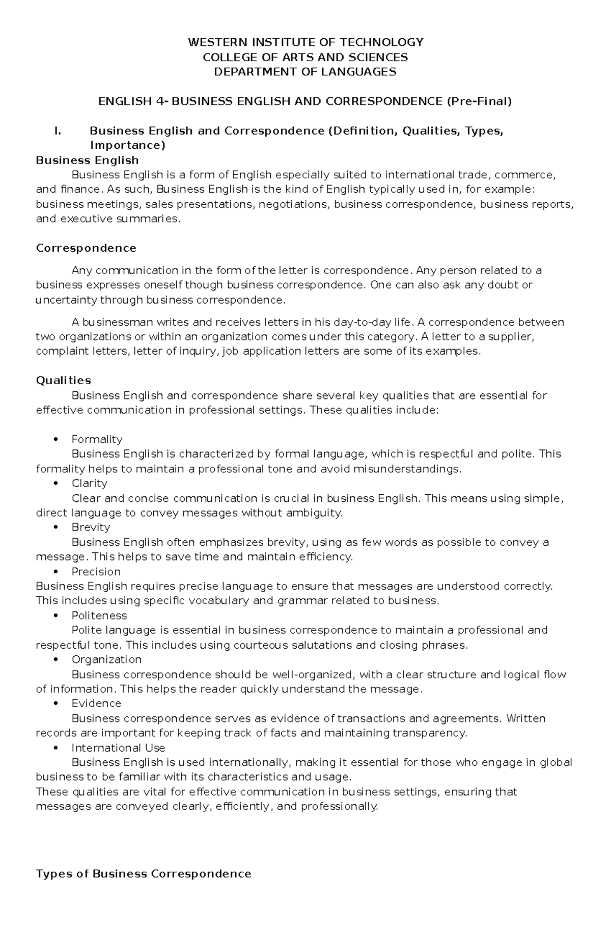 Business English & Correspondence I: Key Concepts & Importance - Studocu