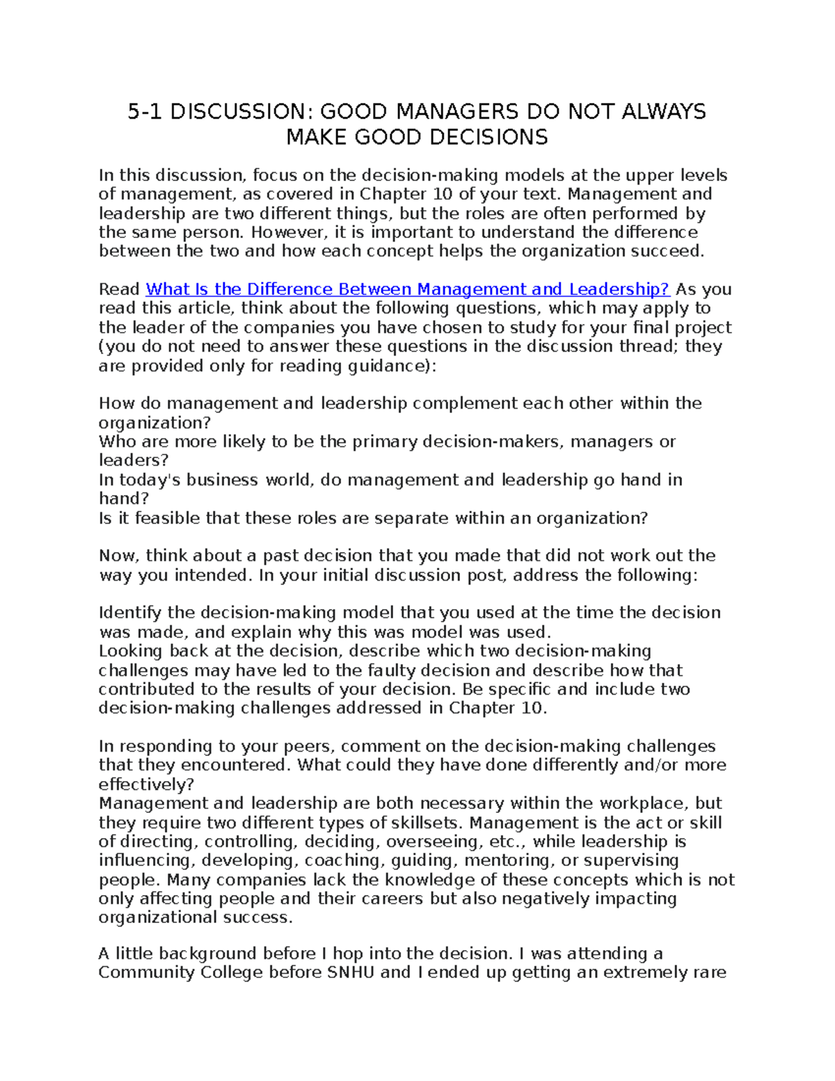 5-1 Discussion: Decision-Making Challenges for Good Managers - Studocu