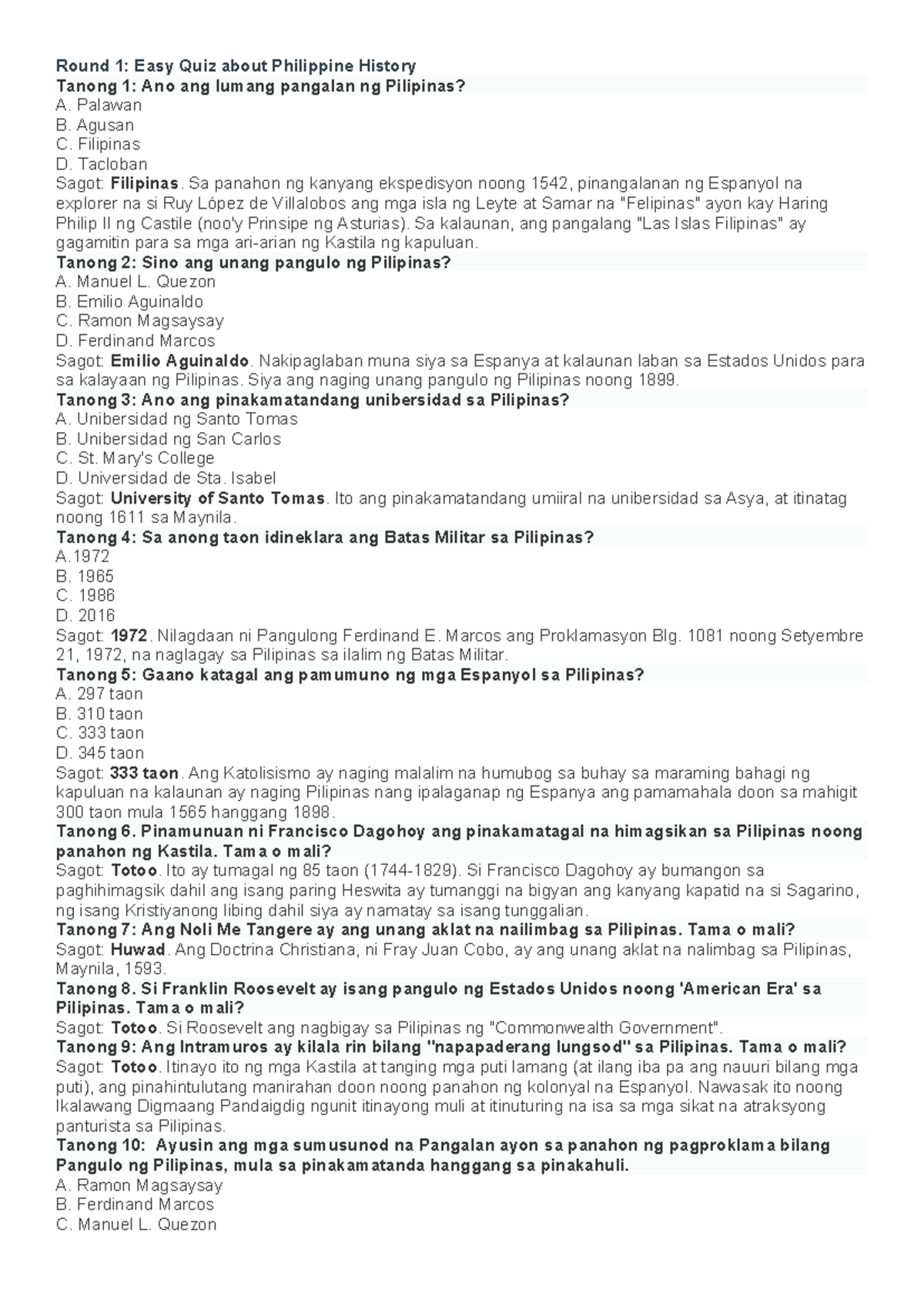 Philippine History Quiz - Easy to Hard Levels (PH101) - Studocu