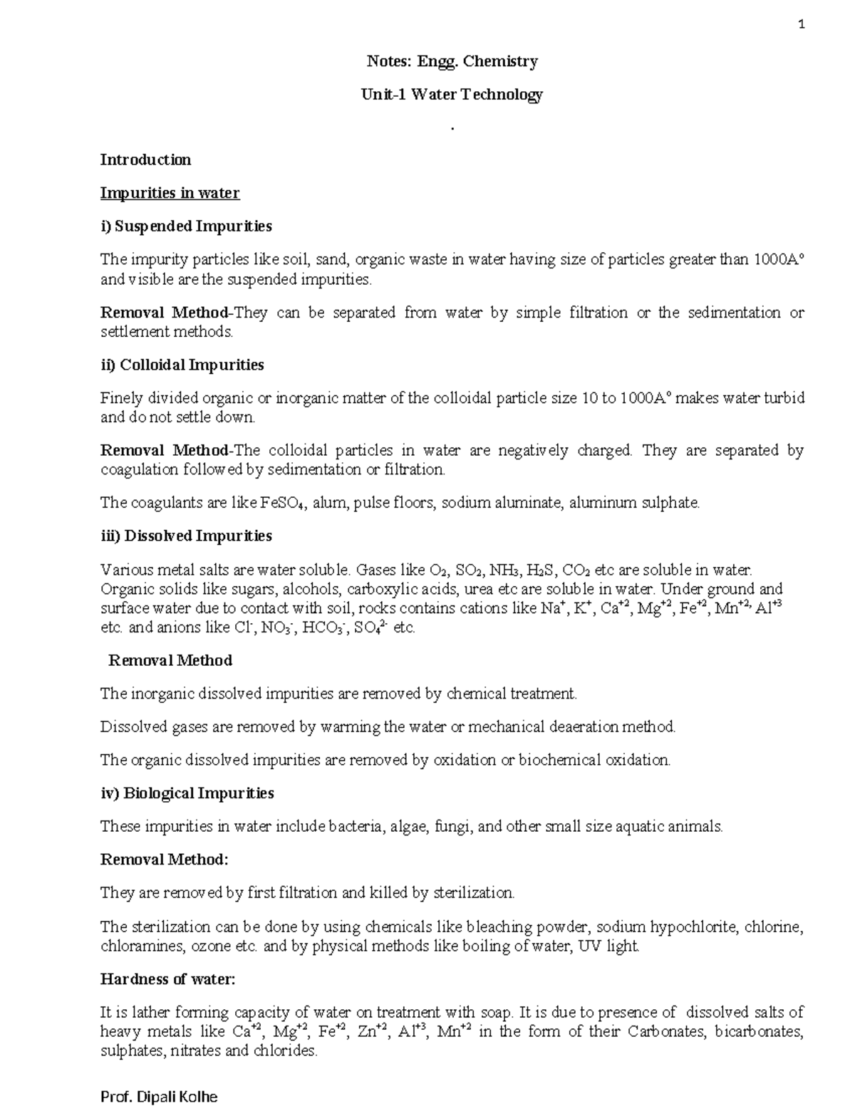 Engg. Chemistry (Unit 1): Comprehensive Notes on Water Technology - Studocu