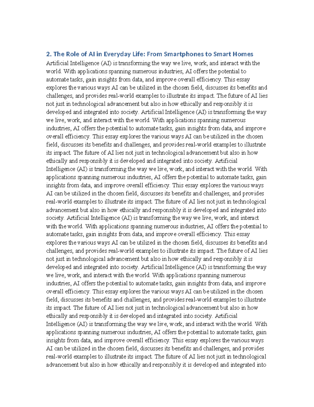 AI Essay Topic 2: The Impact of AI on Daily Life and Society - Studocu