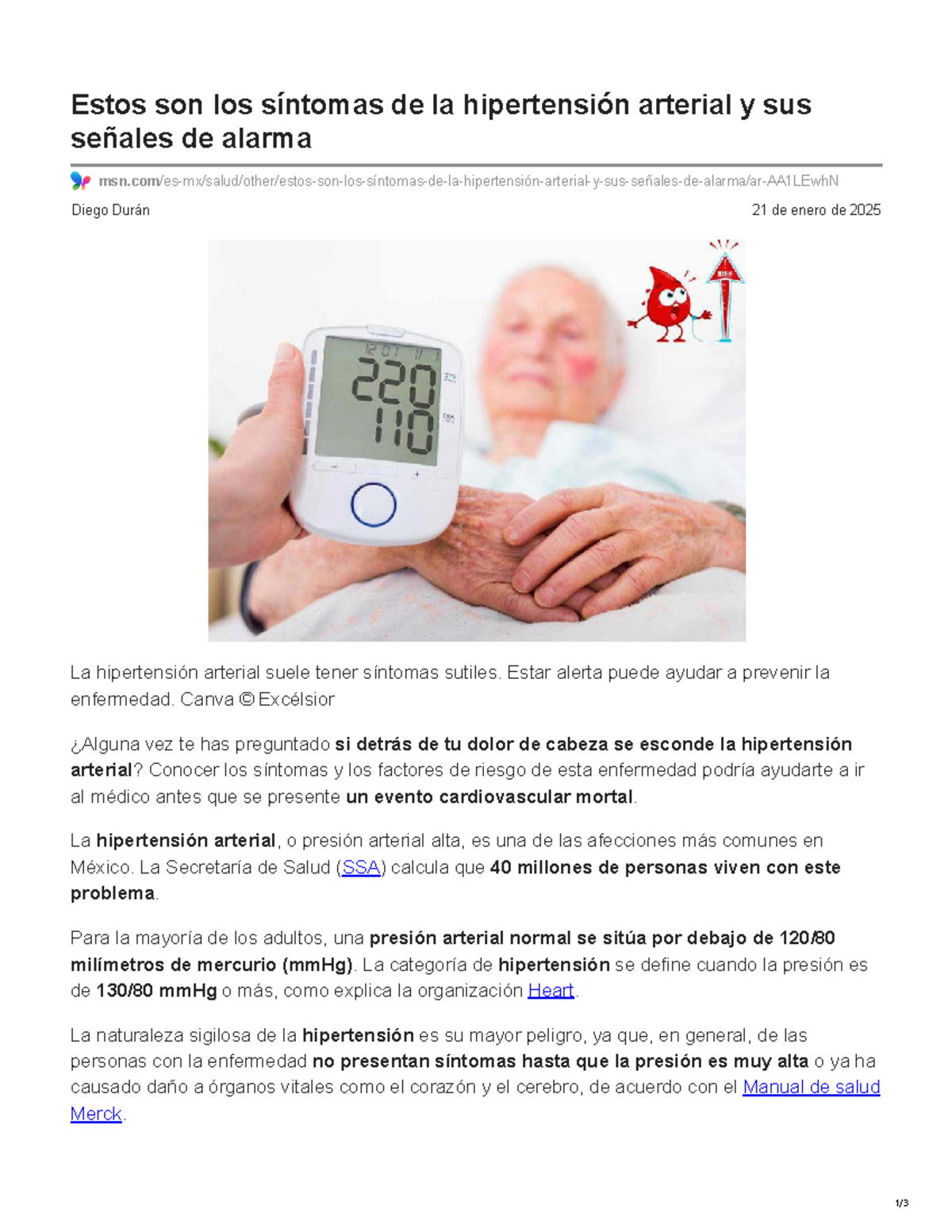 Síntomas y Señales de Alarma de la Hipertensión Arterial - Studocu