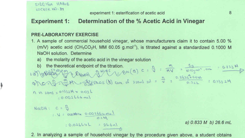 Chem Pracs - Experiment 1: Esterification & Acetic Acid Titration - Studocu