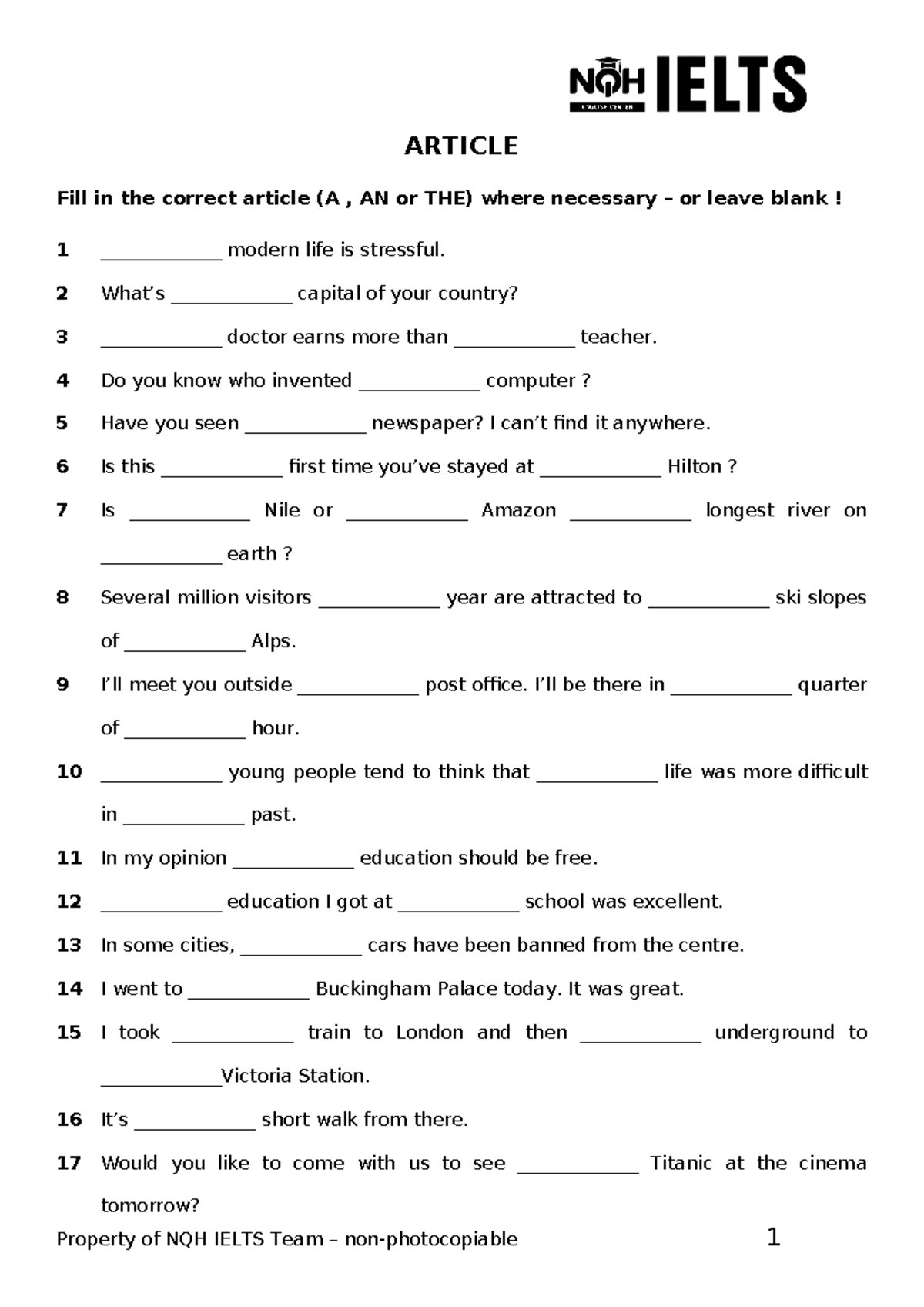 PRE - Article Practice for Advanced Grammar (NQH IELTS) - Studocu