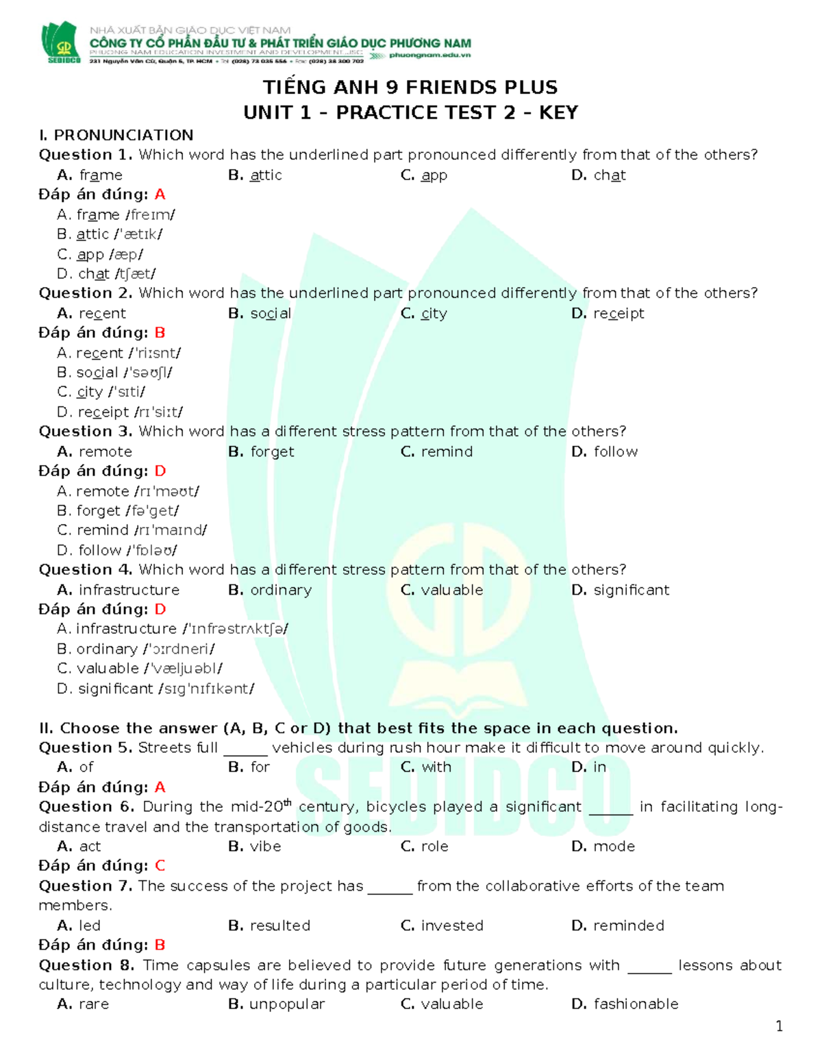 TIẾNG ANH 9 FRIENDS PLUS UNIT 1 PRACTICE TEST 2 ANSWER KEY - Studocu