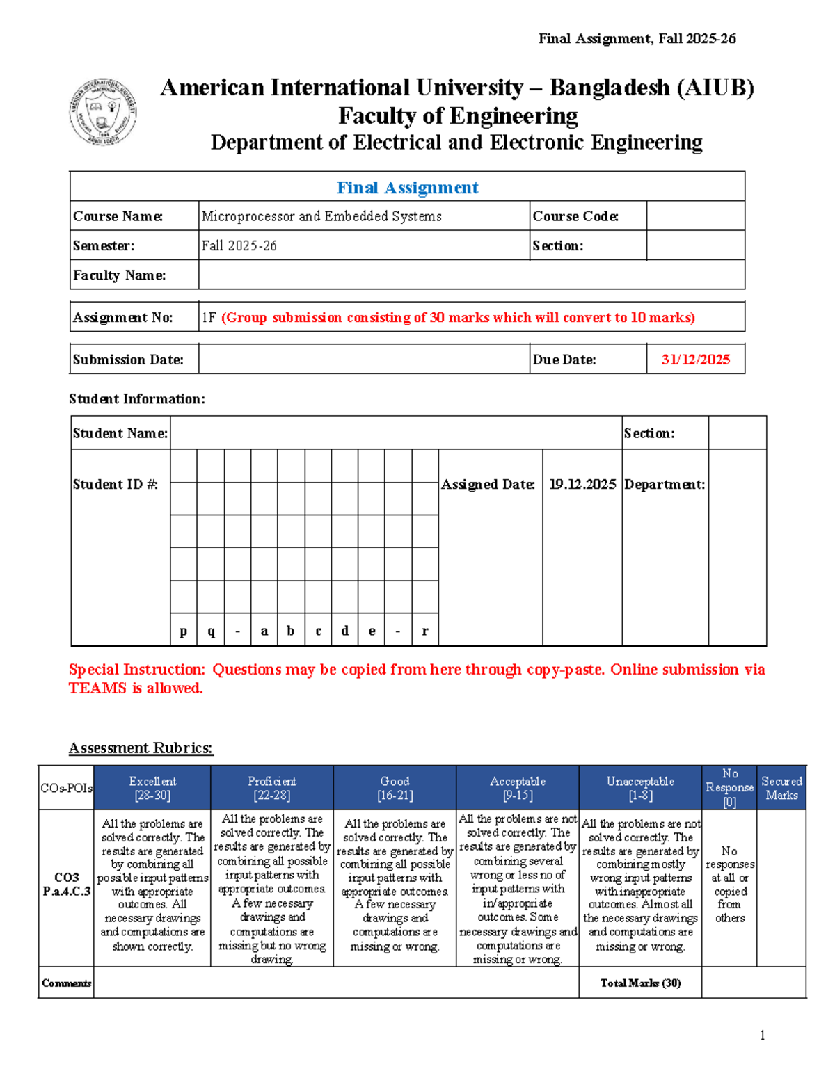 Final Assignment 1F: Microprocessor & Embedded Systems, Fall 2025 - Studocu