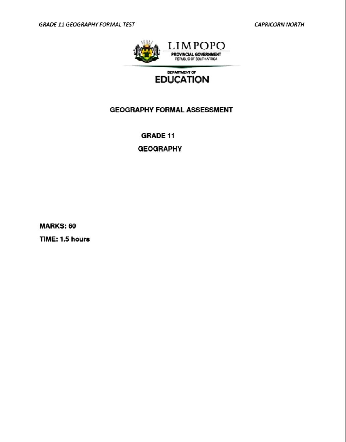 GRADE 11 GEOGRAPHY FORMAL TEST: CAPRICORN NORTH ASSESSMENT - Studocu