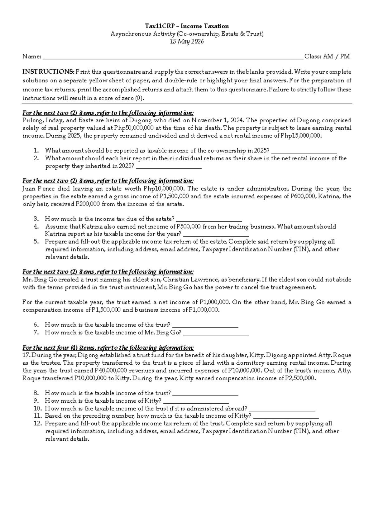 Tax11CRP Income Taxation Asynchronous Activity - Estate Trust Analysis ...
