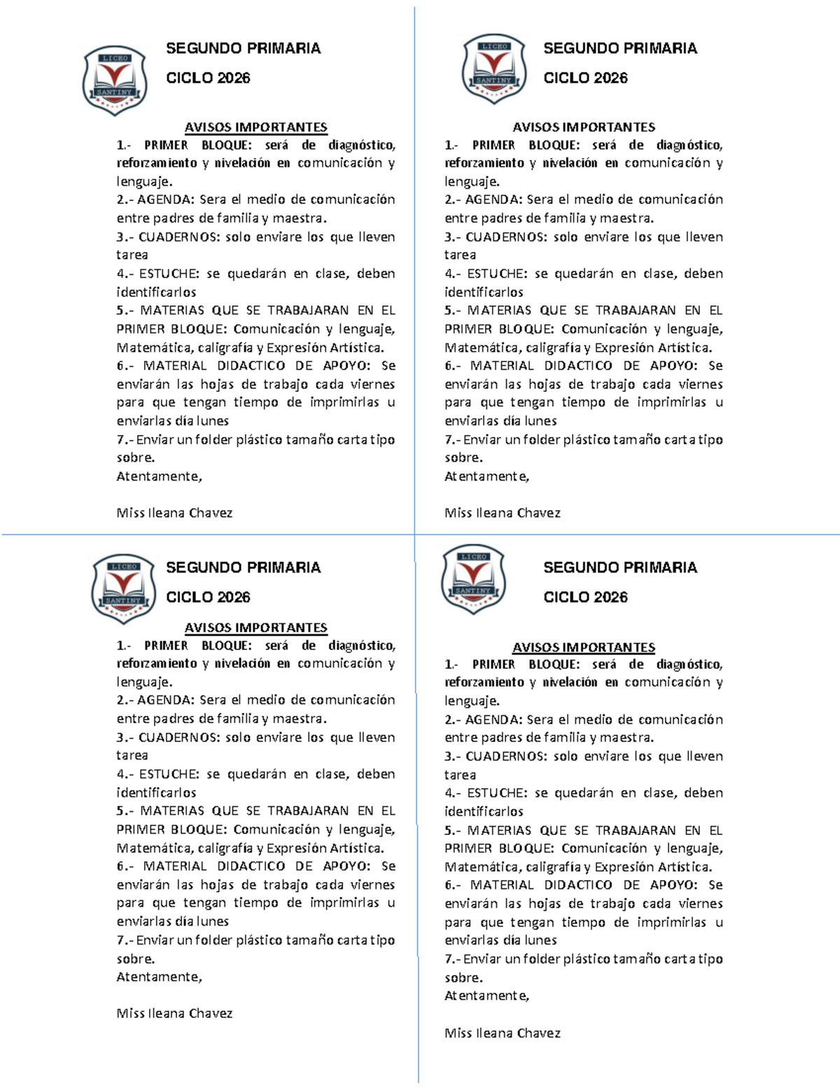 Avisos Importantes para Segundo Primaria Ciclo 2026 - Primer Bloque ...