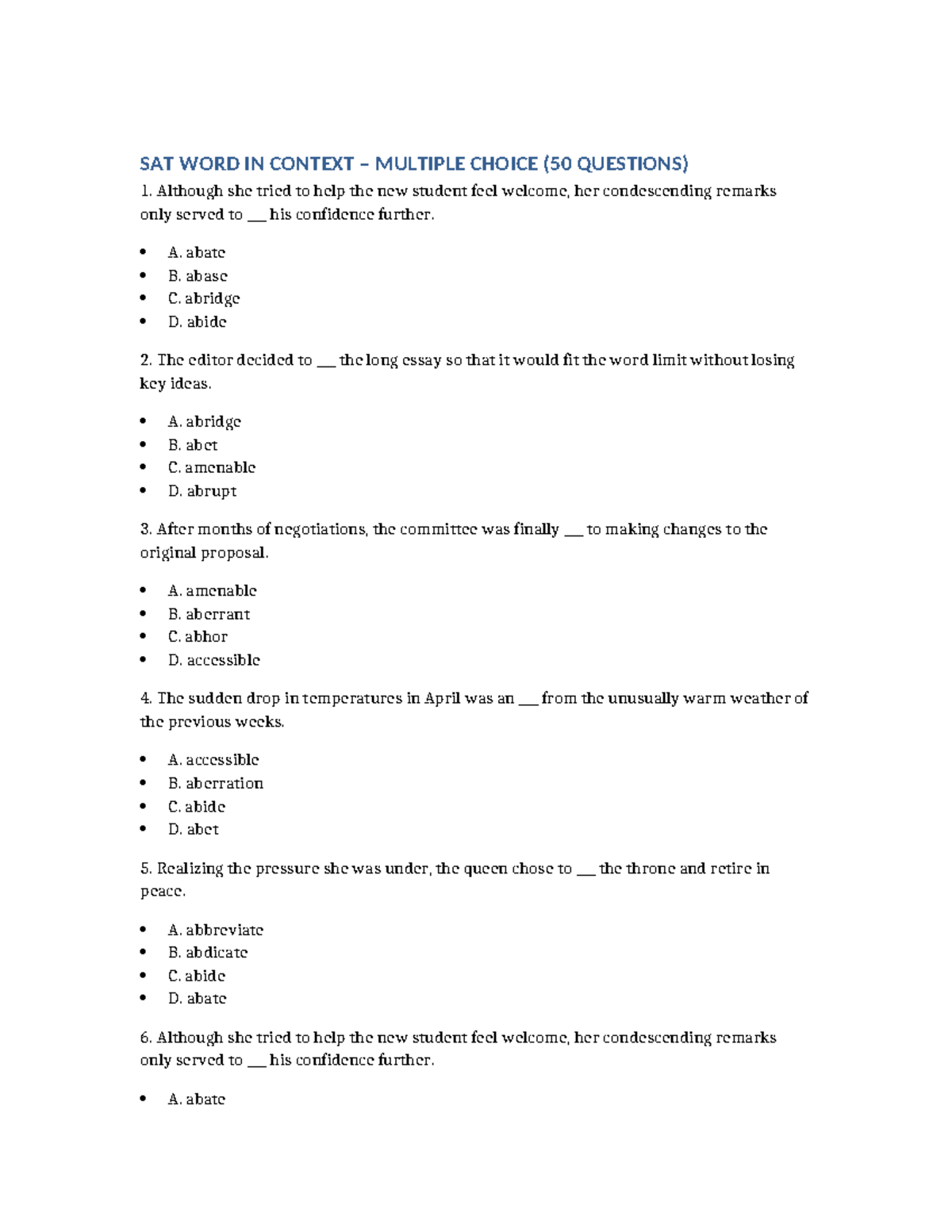 SAT WORD IN CONTEXT: 50 MCQ PRACTICE QUESTIONS - Studocu