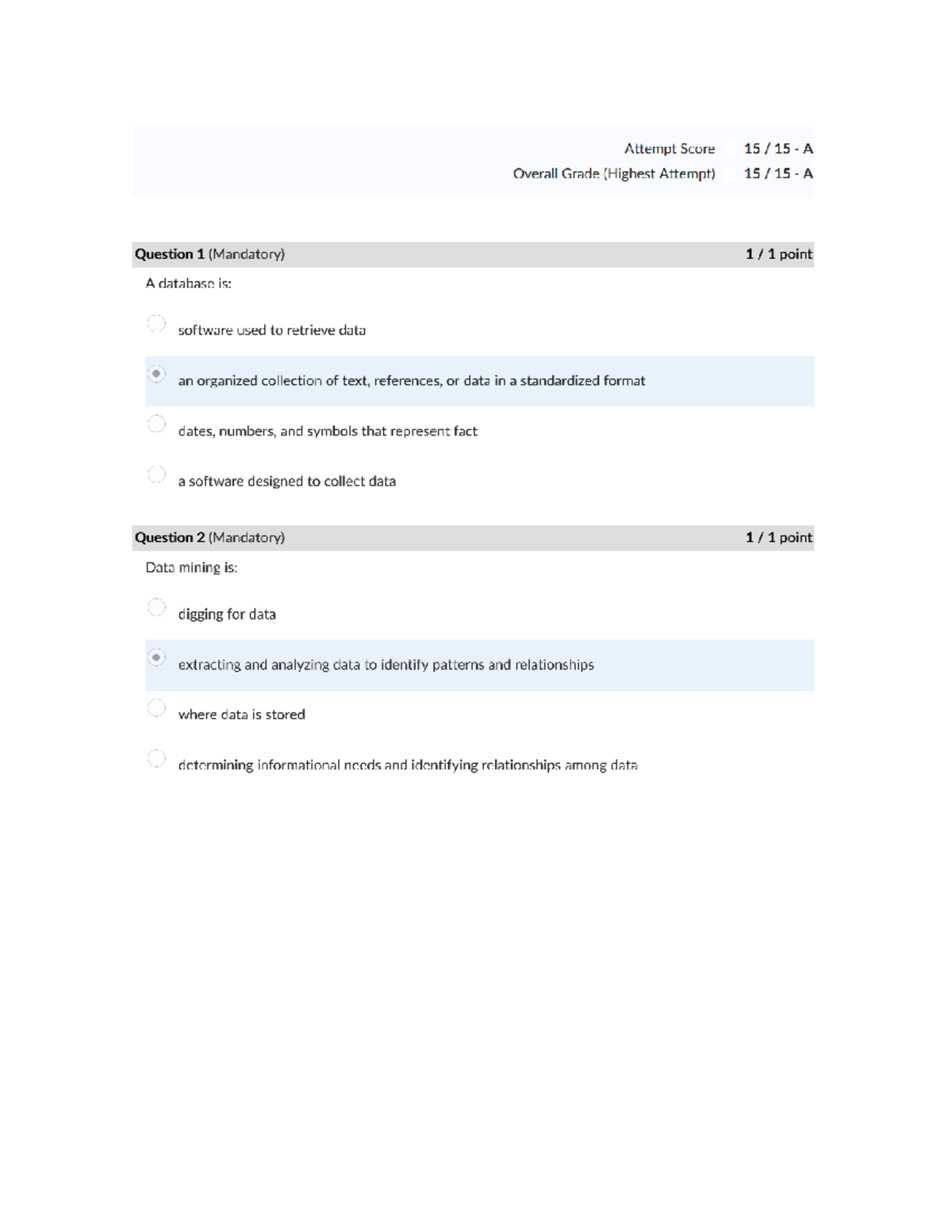Week 1 Quiz on Databases - Module 1, Quizzes 1-2 Summary - Studocu