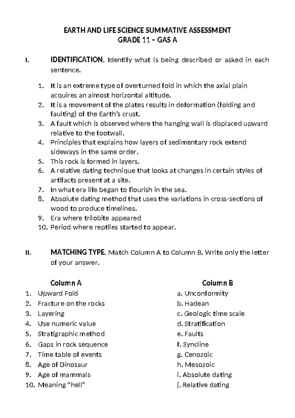 EARTH AND LIFE SCIENCE GRADE 11 GAS A SUMMATIVE ASSESSMENT - Studocu