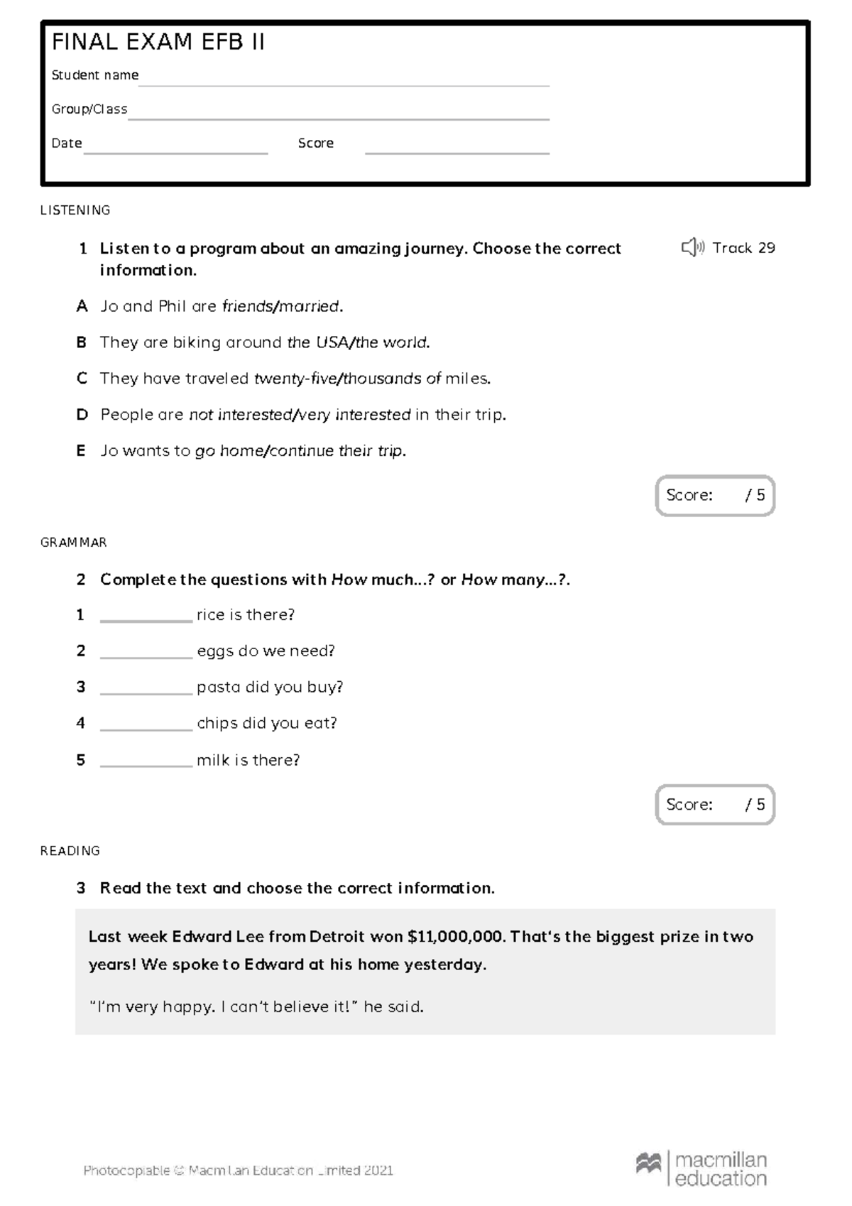 Final EXAM EFB II - Febrero 2025 - FINAL EXAM EFB II Student name Group/Class Date Score ...
