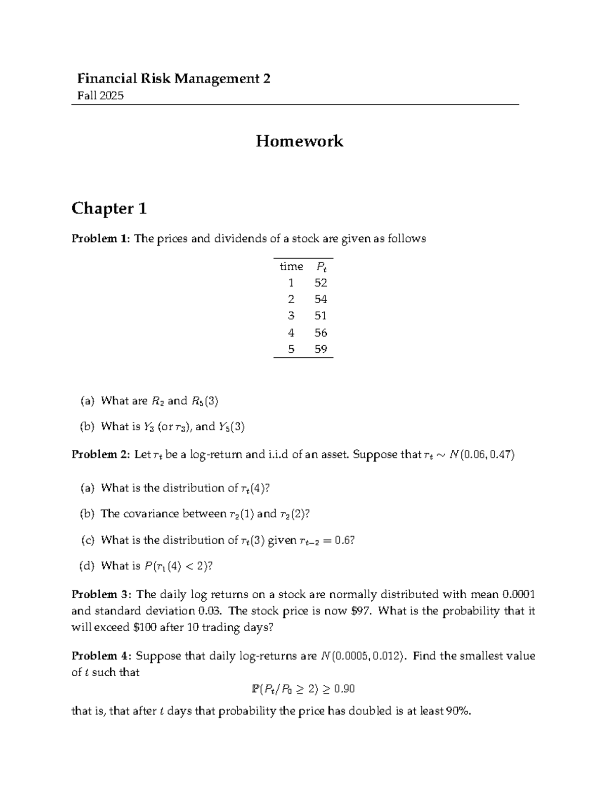 Financial Risk Management 2 Fall 2025 Homework Problems Overview - Studocu