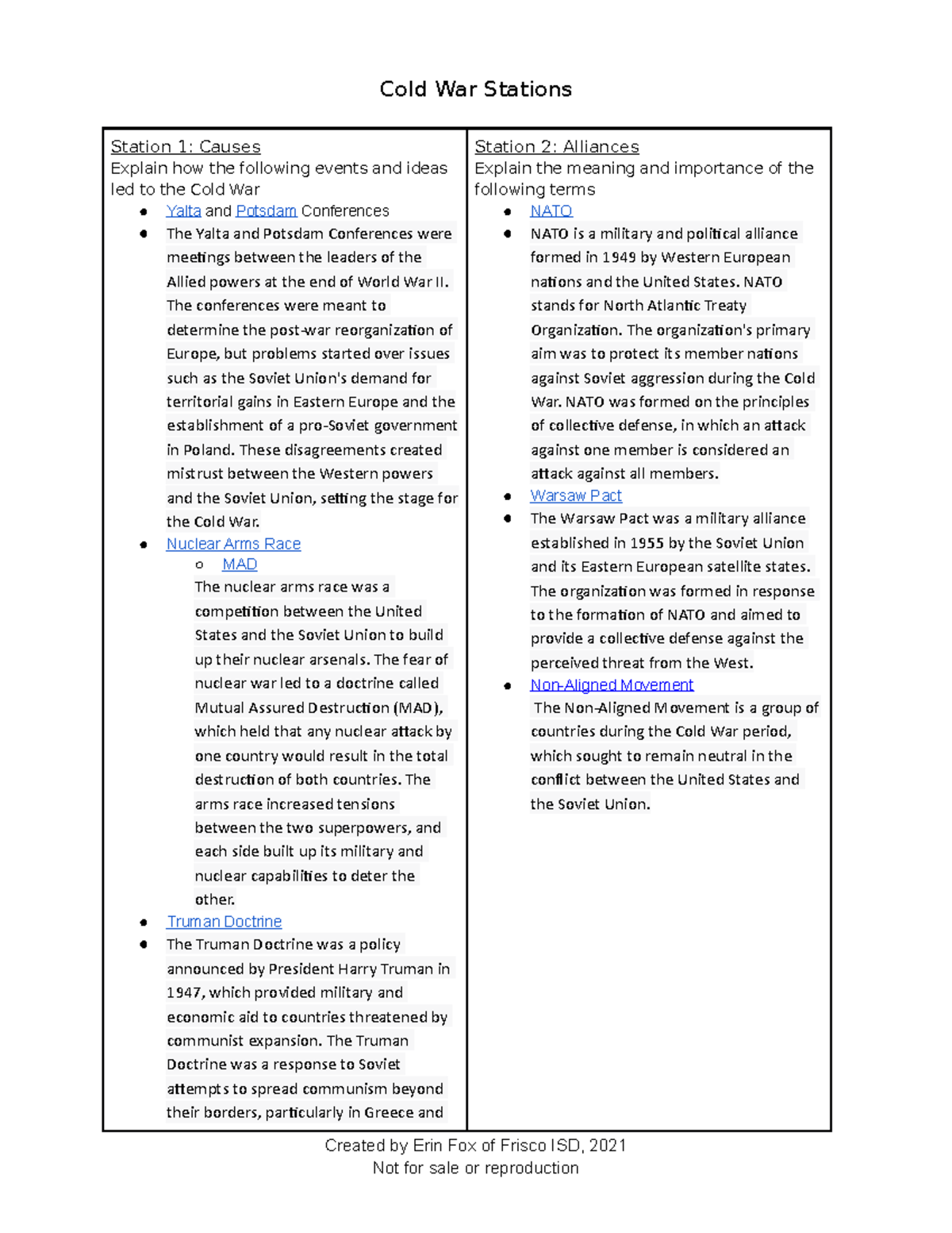 Cold+War+Stations+Updated - Cold War Stations Station 1: Causes Explain ...
