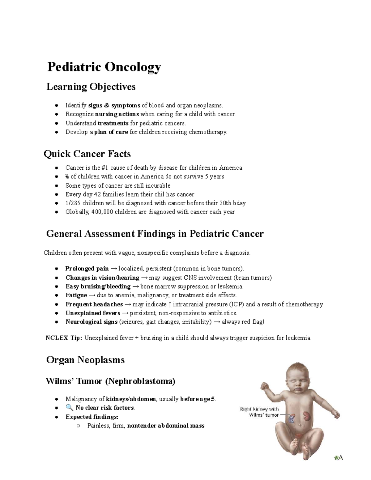 Pediatric Oncology & Maltreatment: Key NCLEX Review Points - Studocu