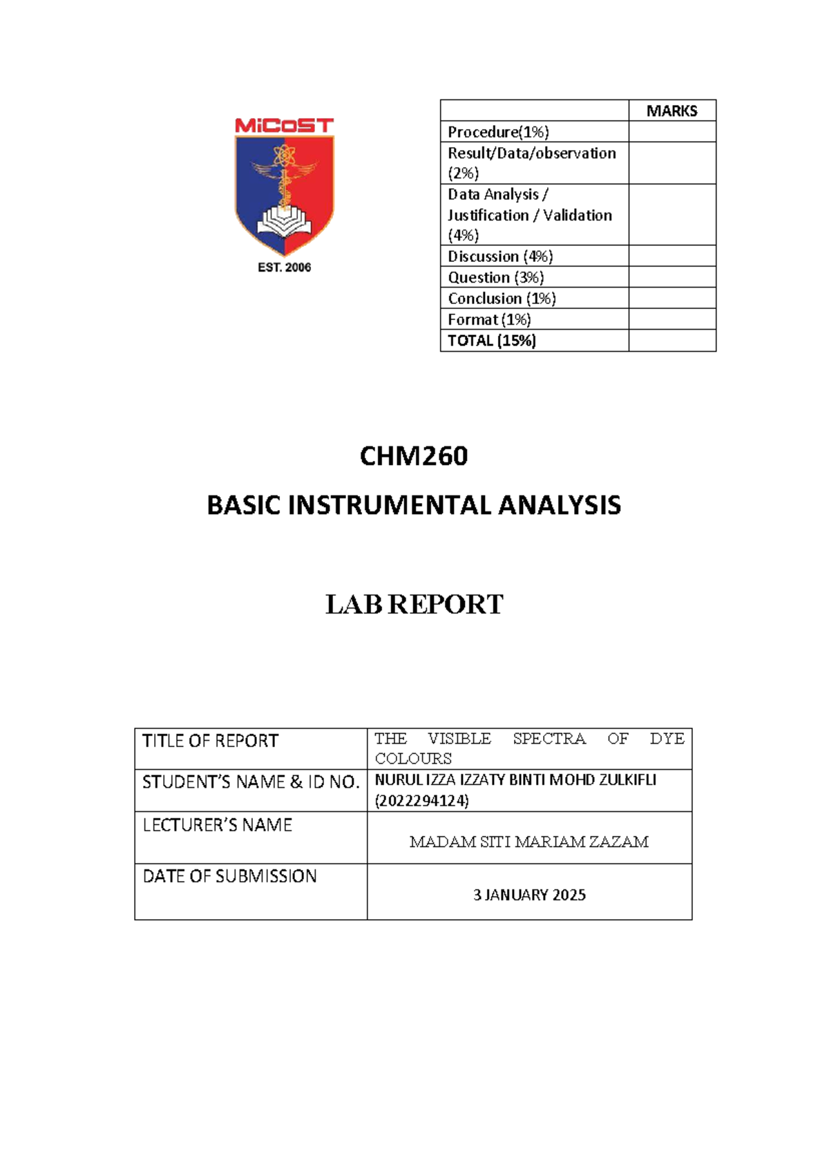 CHM260 LAB Report EXP 1 - CHM 260 BASIC INSTRUMENTAL ANALYSIS LAB ...