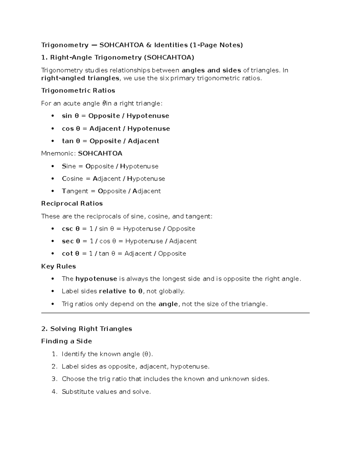 Trigonometry (SOHCAHTOA) Identities and Key Concepts Notes - Studocu