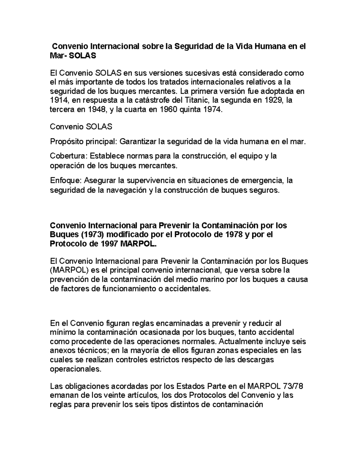 Convenio SOLAS y MARPOL: Seguridad y Prevención de Contaminación - Studocu
