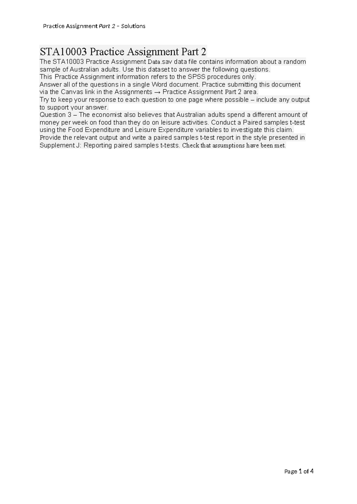 STA10003 Practice Assignment Part 2 - Solutions & Analysis - Studocu