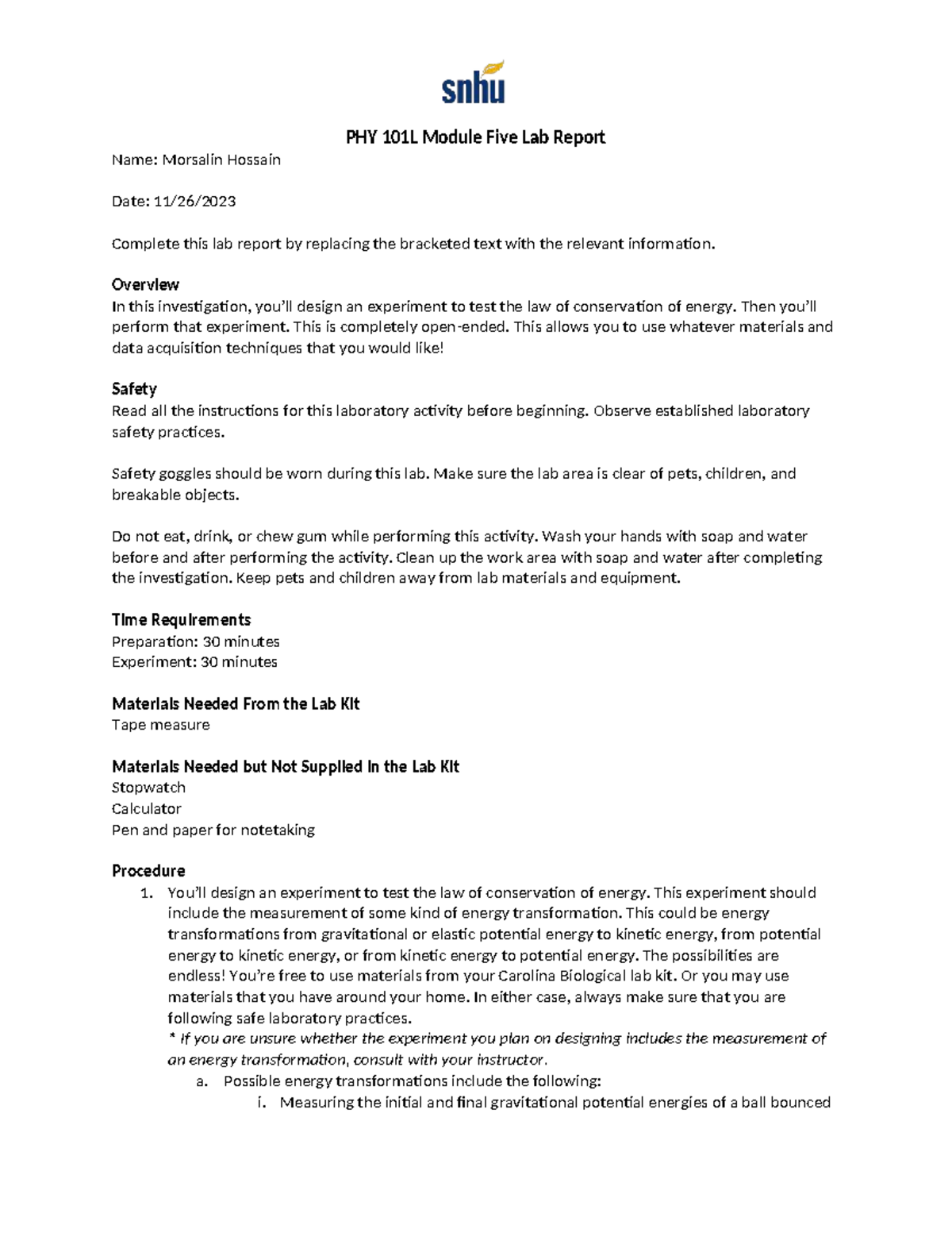 PHY 101L Module 5 Lab Report: Energy Conservation Experiment Analysis ...