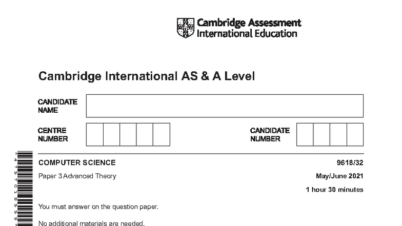 Cambridge International AS A Level 9618/32 Computer Science Paper 3 ...