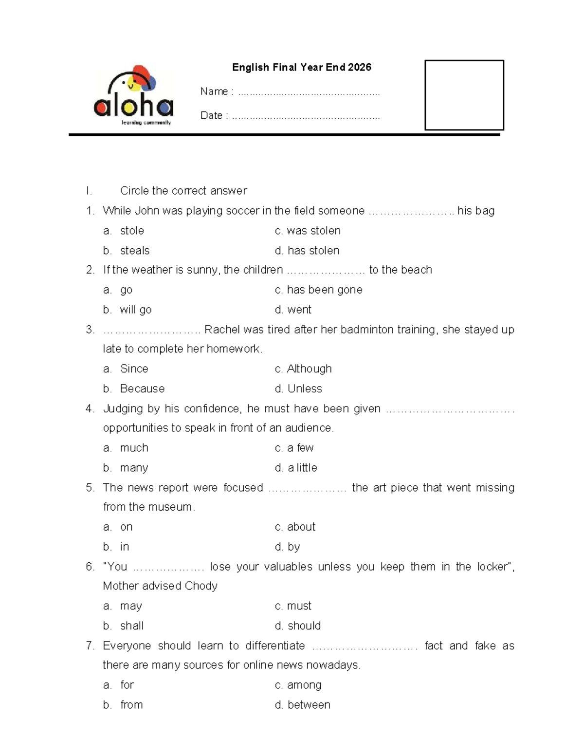 English Exam Practice Grade 4: Final Year Review 2026 - Studocu