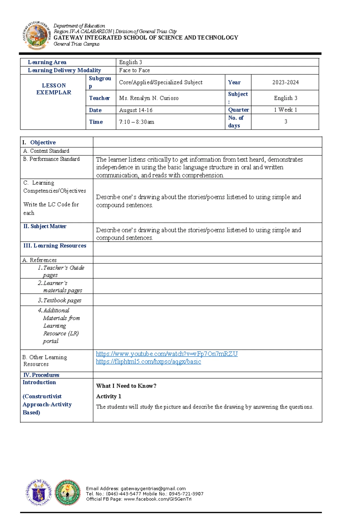 E3 Q1 W2 - English 3 Lesson Exemplar on Character & Setting - Studocu