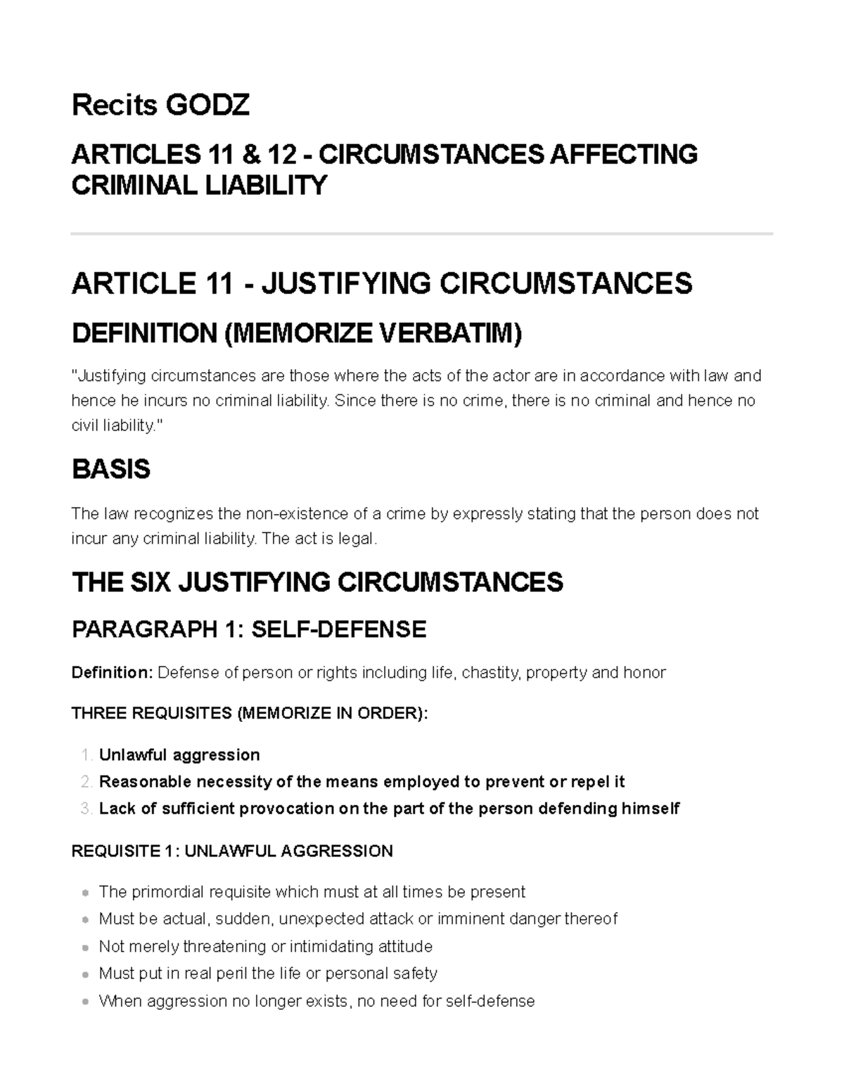 Crim 1: Justifying & Exempting Circumstances in Criminal Law - Studocu